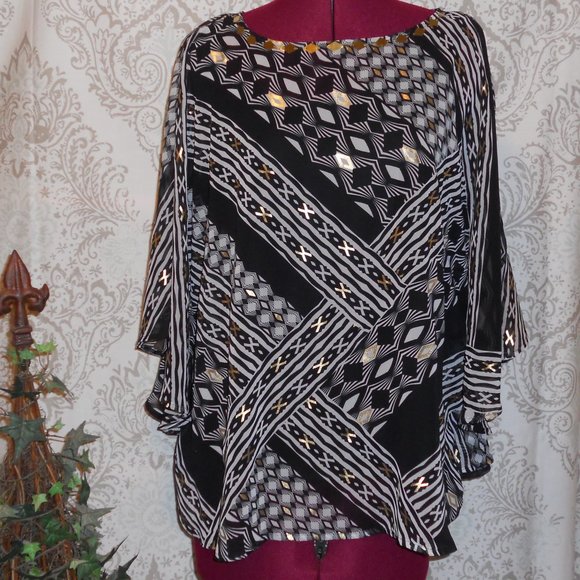 Ruby Rd. | Tops | Ruby Rd M Blackwhite Geometric Sheer Overlay Attached Black Tank | Poshmark